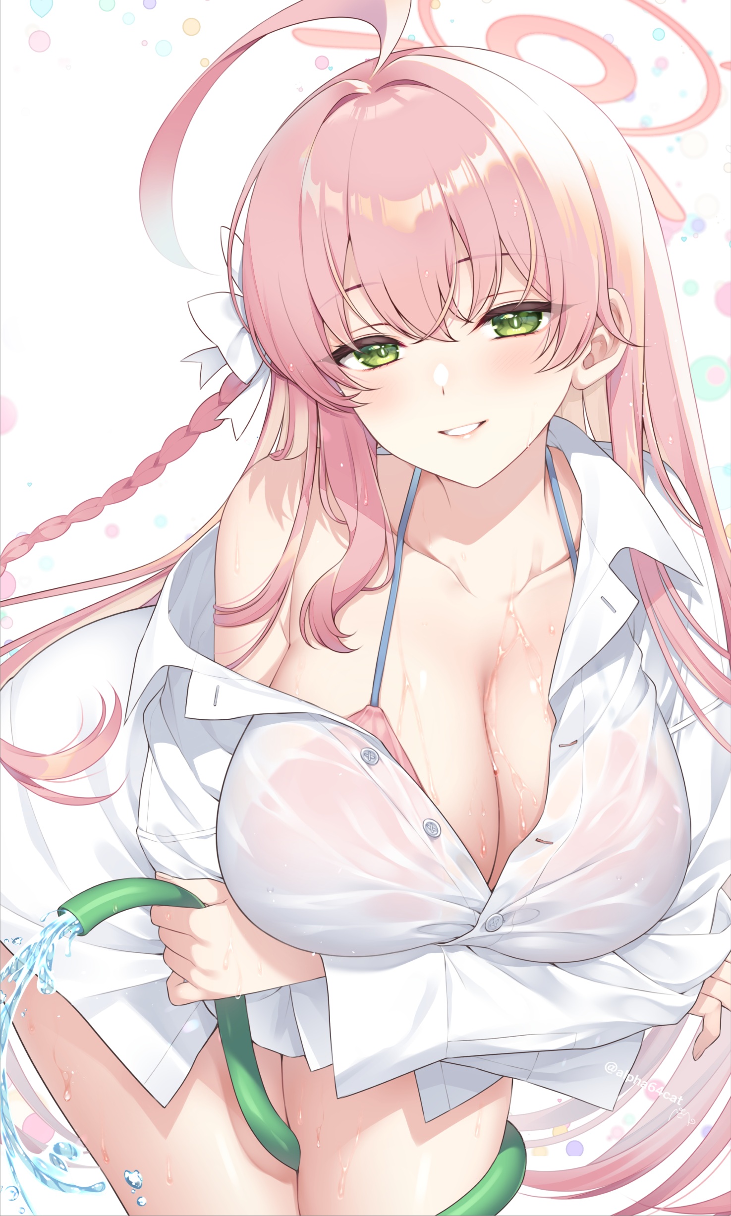 alpha blue archive urawa hanako bikini top bottomless dress shirt halo open shirt see through ...